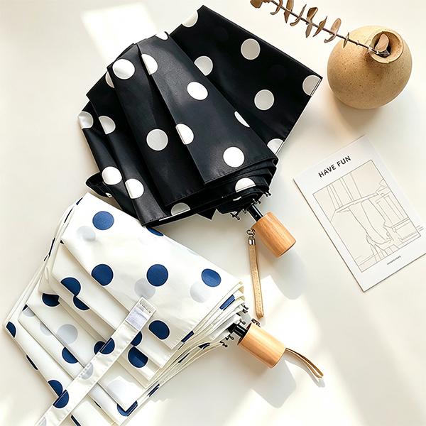 2 color options women polka dot folding umbrella set: black white dot & cream navy dot, matching printed umbrella cover included
