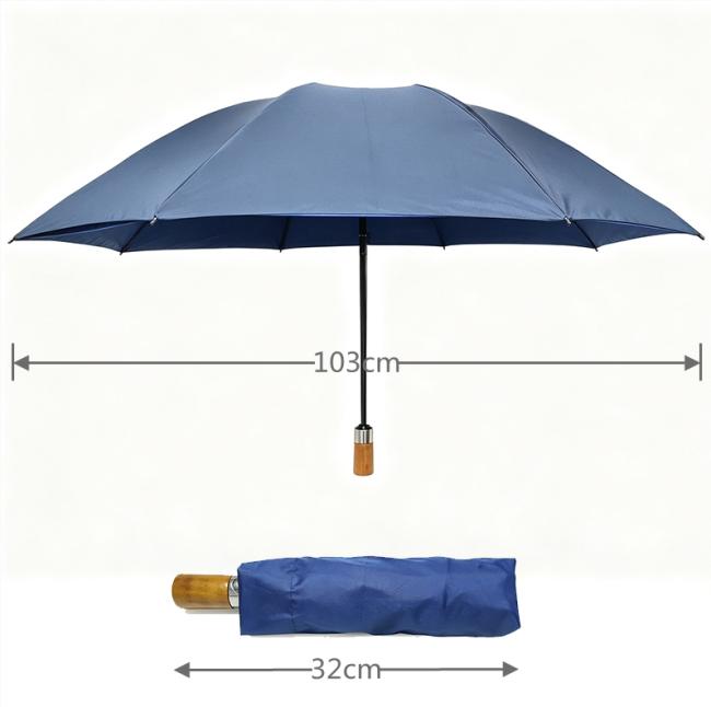 Semi-automatic folding umbrella fully opened showing 103 cm span and folded length of 32 cm