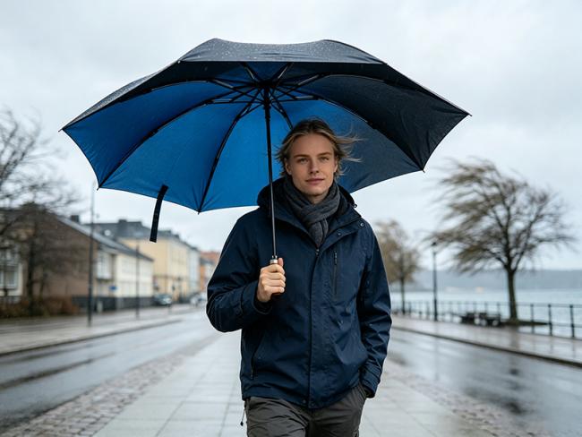 A young man carrying a semi-automatic folding umbrella standing by a river in Finland during strong winds, with trees bending but the umbrella remaining intact