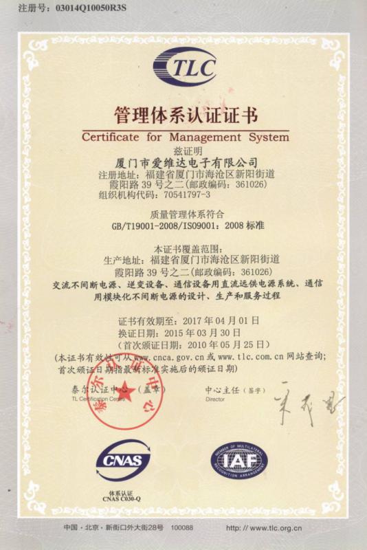 Certificate of Management System - Beijing Chuanglong Century Science & Technology Development Co., Ltd.