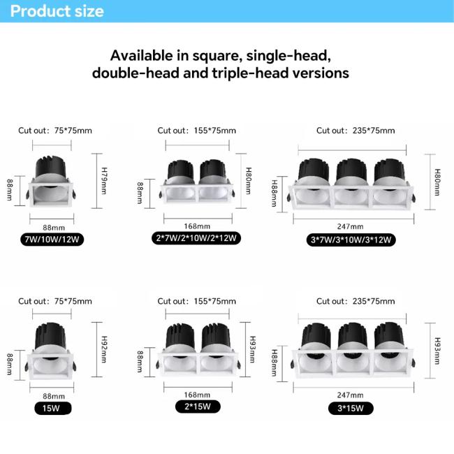 Factory Price Anti-glare Triac Dali TUYA Dimmable 7W 10W 12W 15W Square LED Recessed Spot Down Light for Bathroom Kitchen Industrial Retail Commercial Spaces