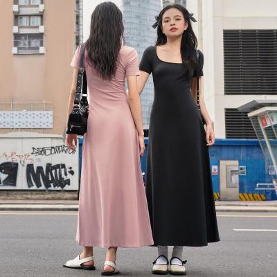 Китай Fashion Street Photo Slim Solid Color U - neck Short - sleeved Dress продается
