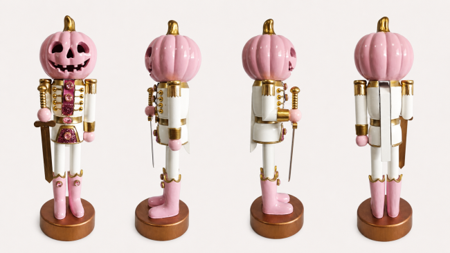 Custom pink pumpkin Halloween nutcracker front side and back views