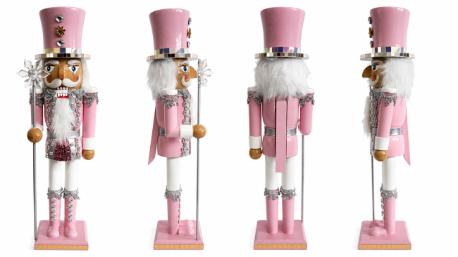 Custom pink silver feather nutcracker front side and back views