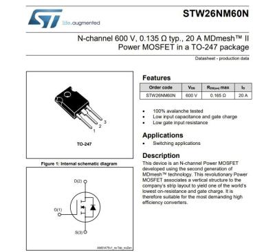 중국 N-채널 600V, 0.065 Ω typ., 40A 전력 MOSFET TO-247 패키지 STW48N60DM2 필드 효과 트랜지스터 판매용