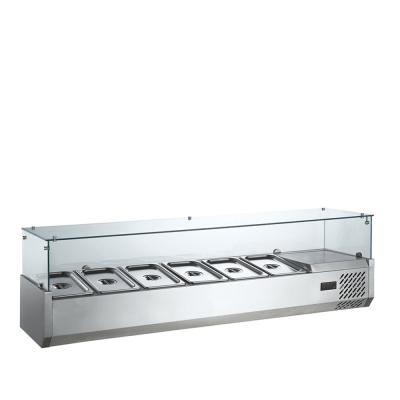 China Commercial Kitchen 1500*395*200mm 6x1/3GN Cooling Pizza Showcase Salad Bar Refrigerator Chiller 3-Door Compressor Display Cooler for sale