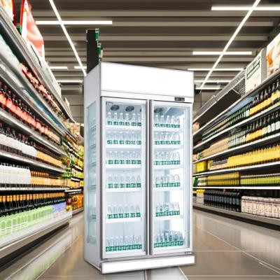 China Commercial 220V Direct Cooling Glass-Freezer Beverage Display Cooler Single-Temperature Double Door Refrigerator Supermarkets for sale