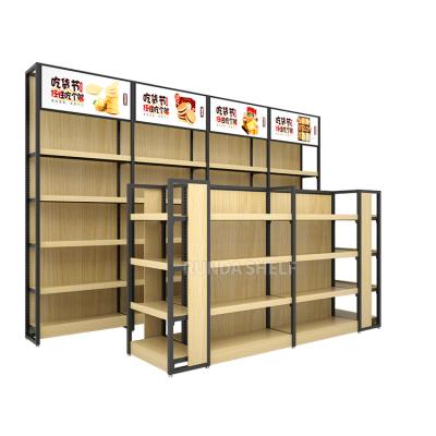 Chine Single Sided Supermarket Shelves Steel Wood Shelves Retail Runda Display Gondola Shelving / Rack For Store à vendre