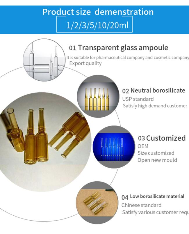 Hot Sale 5ml 10ml 20ml Transparent Amber Tubular Glass Ampoule with Color Ring Break Medical Neutral Borosilicate Glass Ampoule