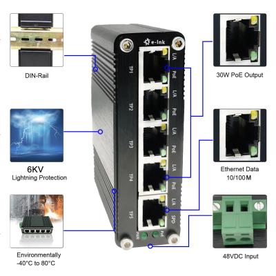 China Mini Industrial PoE Ethernet Switch con 4 puertos 10/100TX 802.3at PoE + 1 puerto 100TX en venta