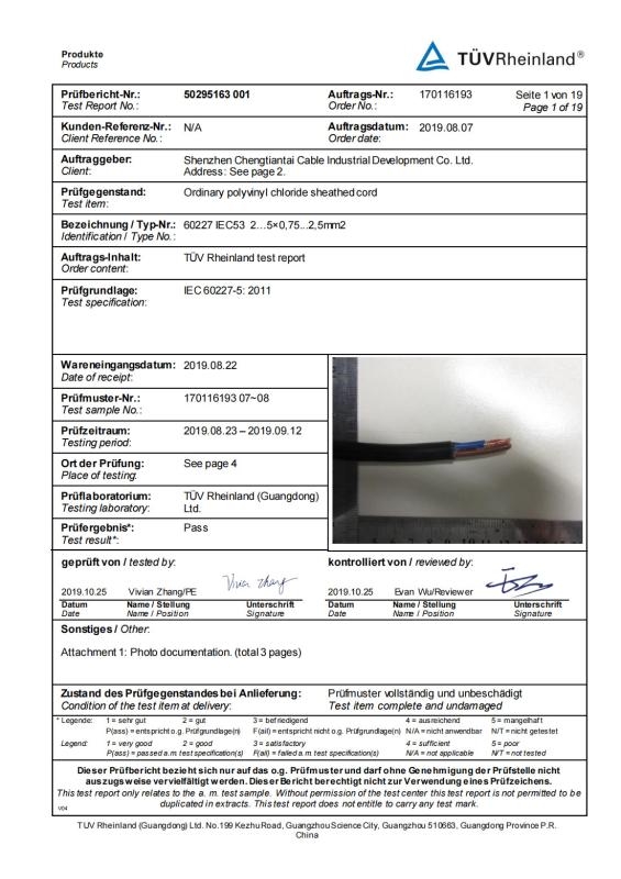 Test Report by TÜV Rheinland - Shenzhen Chengtiantai Cable Industry Development Co.,Ltd