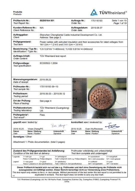 Test Report by TÜV Rheinland - Shenzhen Chengtiantai Cable Industry Development Co.,Ltd