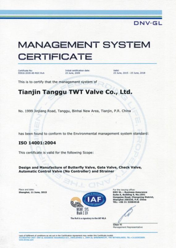 MANAGEMENT SYSTEM CERTIFICATE - Tianjin Tanggu TWT Valve Co., Ltd.