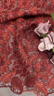 China Leafy Red Color Embroidered Sequin Mesh Fabric Featherlight Luxury Fabric For Ethereal Carpet Dresses for sale