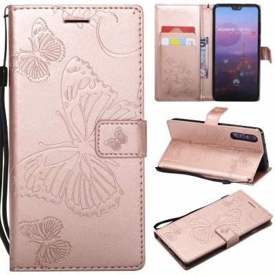 China Huawei P20 Pro Embossing 3D Butterfly Leather Bracket Stand Wallet Case with wristlet strap for sale