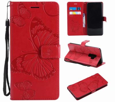 China Samsung S9 Plus Embossing 3D Butterfly Leather Bracket Stand Wallet Case with wristlet strap for sale