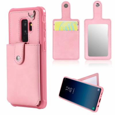 China Samsung Galaxy S9 Leather Hidden Mirror Case with Card Slots Stay Back Cover with Strap for sale