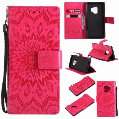 China Samsung S9 Leather Protective Folio Magnetic Kickstand Cover Mobile Phone Case with Sunflower Embossed for sale