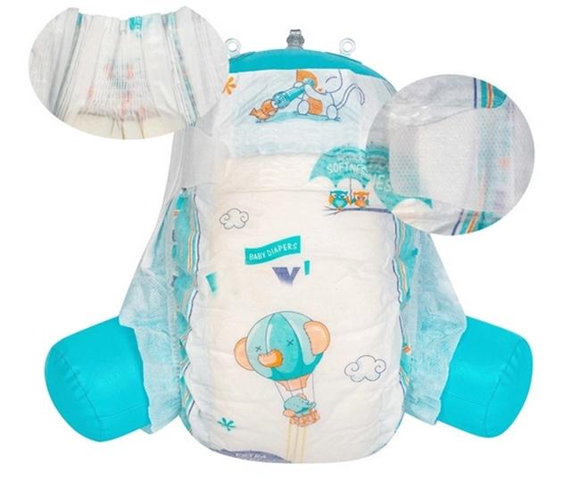 Soft disposable baby diaper showing absorbent core and comfortable fit