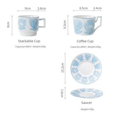중국 지속가능한 비즈니스 선물 유럽 세라믹 꽃 차컵 및 접시 200ml 300ml 세트 판매용
