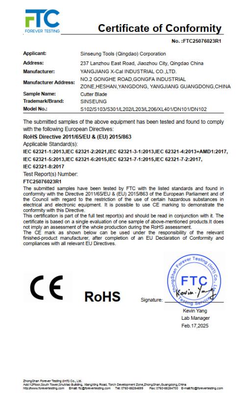 CE-ROHS certificate - SINSEUNG TOOLS(QINGDAO) CORPORATION