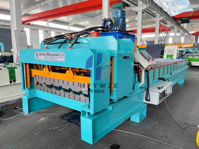 970 glazed tile roll forming machine production line overview showing decoiler, forming stations, and hydraulic cutting unit