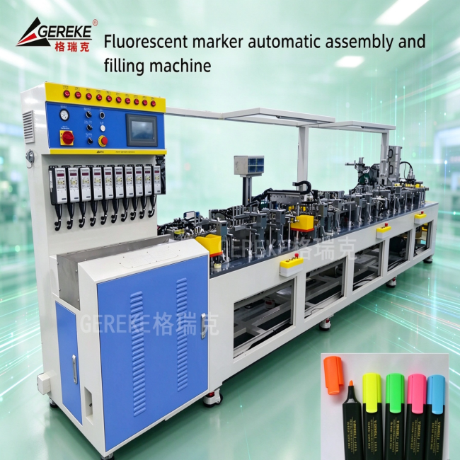 Fluorescent highlighter pen assembly machine overview showing automated feeding and assembly stations