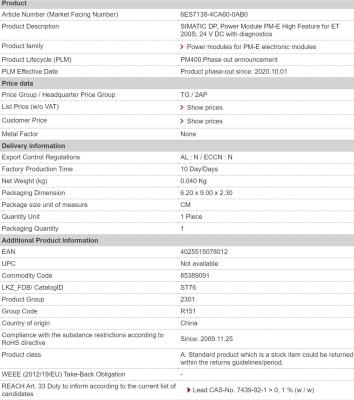 중국 지불 기간 T/T 6ES71384CA600AB0 전원 모듈 PM-E ET 200S 24V DC를 위한 높은 기능 판매용