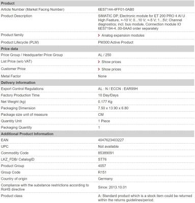 중국 100% 오리지널 6ES7144-4FF01-0AB0 ET 200 PRO 4 AI U 고기능 채널 진단 판매용
