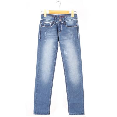 China boy's 100%cotton jeans,heavy decoration stitch all over+tape piping,light bleach 11oz for sale