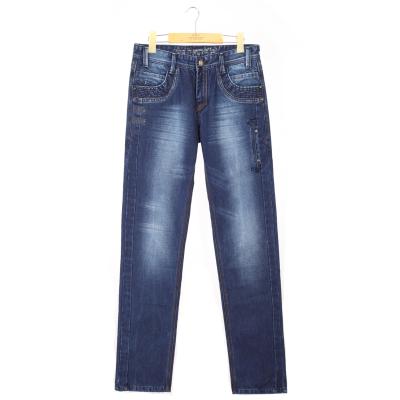 China complex stitching indigo jeans,100%cotton thicker denim,whiskers+sandblast washing effect for sale
