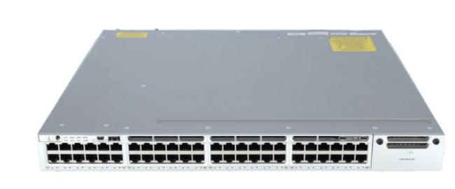 Front panel view of Cisco WS-C3850-48F-L switch with blank module installed