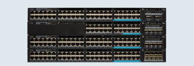 Front view of Cisco Catalyst 3650 Series switch showing multiple ports