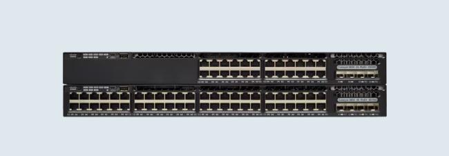 Rear view of Cisco WS-C3650-48TS-L network switch showing ports