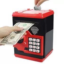 China Red Black Color Kids ABS Material ATM Piggy Bank Put Coin And Coupons Te koop