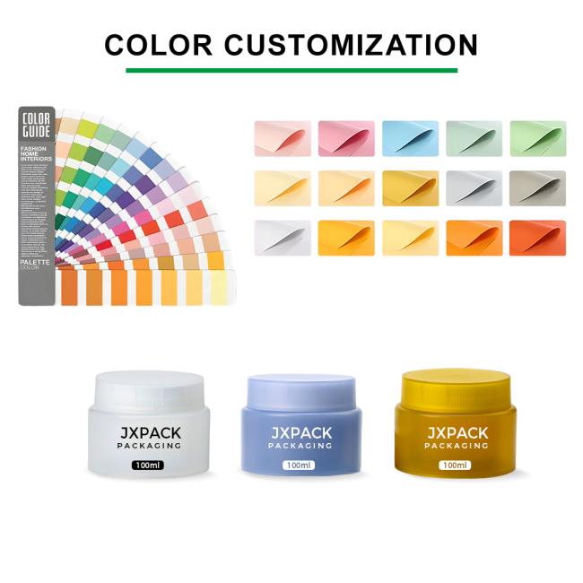 JXPACK custom PP cream jar OEM ODM options showing Pantone color matching, logo printing, IML and surface finishes