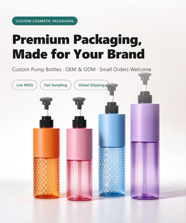 Custom color refillable shampoo bottles in orange, pink, blue and purple for private label brands