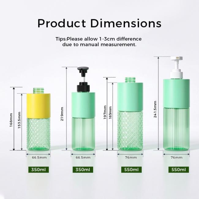 Refillable shampoo bottle dimensions showing 350ml and 550ml PET pump bottles with 31mm neck finish