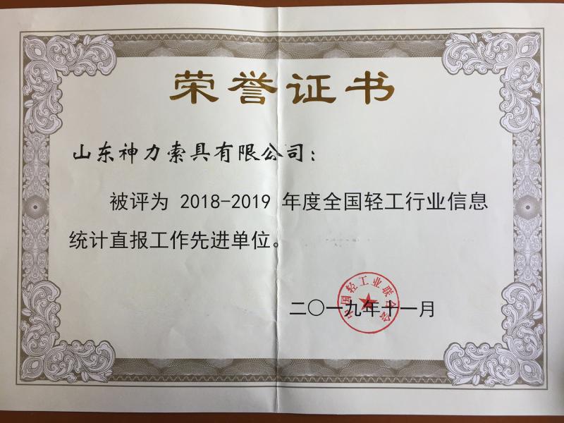 It was rated as an advanced unit for direct reporting of national light industry information statistics in 2018-2019 by China Li - Shandong Shenli Rigging Co., Ltd.