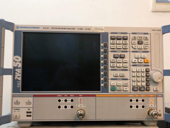 Close-up view of ZVA50 VNA measurement ports and connectors