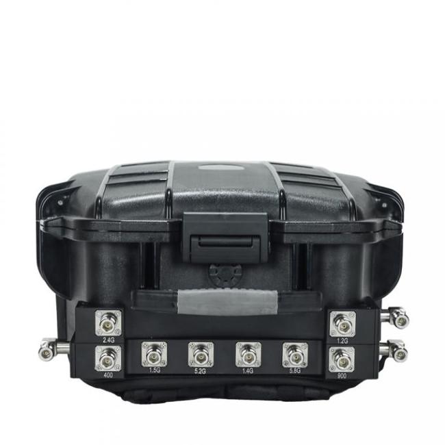 Backpack Multi-Band Omnidirectional Drone Detector and Jammer showing side view
