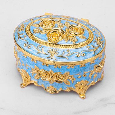 중국 골드 스카이 블루 로즈 에나멜 금속 보석 보관 정리함 (골드 도금, 8.9x5.9cm) 판매용