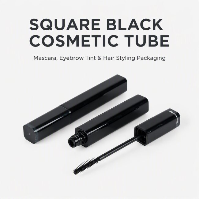 Square Black Hair-Frizz-Control Tool Packaging Wholesale; Transparent-Top Plastic Screw Cap Mascara Tube Styling Eyebrow Tinting