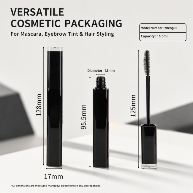 Square Black Hair-Frizz-Control Tool Packaging Wholesale; Transparent-Top Plastic Screw Cap Mascara Tube Styling Eyebrow Tinting