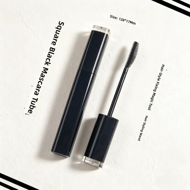 Square Black Hair-Frizz-Control Tool Packaging Wholesale; Transparent-Top Plastic Screw Cap Mascara Tube Styling Eyebrow Tinting