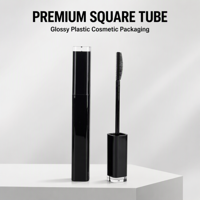 Square Black Hair-Frizz-Control Tool Packaging Wholesale; Transparent-Top Plastic Screw Cap Mascara Tube Styling Eyebrow Tinting