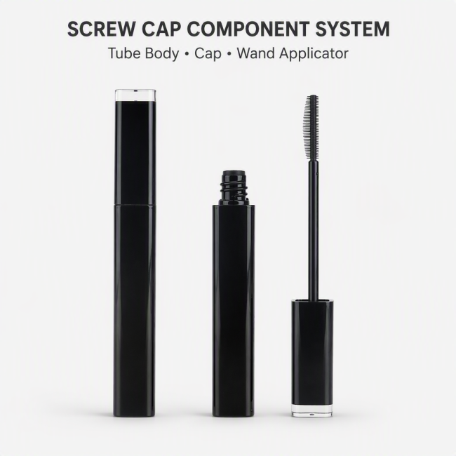 Square Black Hair-Frizz-Control Tool Packaging Wholesale; Transparent-Top Plastic Screw Cap Mascara Tube Styling Eyebrow Tinting
