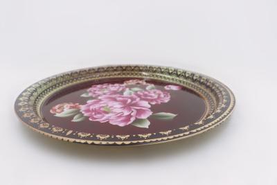 중국 36cm Tableware SS luxury fruit plate middle east style metal steel dinner plate with flower pattern 판매용