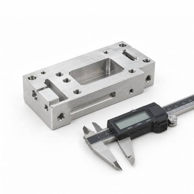 CNC machined aluminum automation fixture with threaded holes and dimensional inspection
