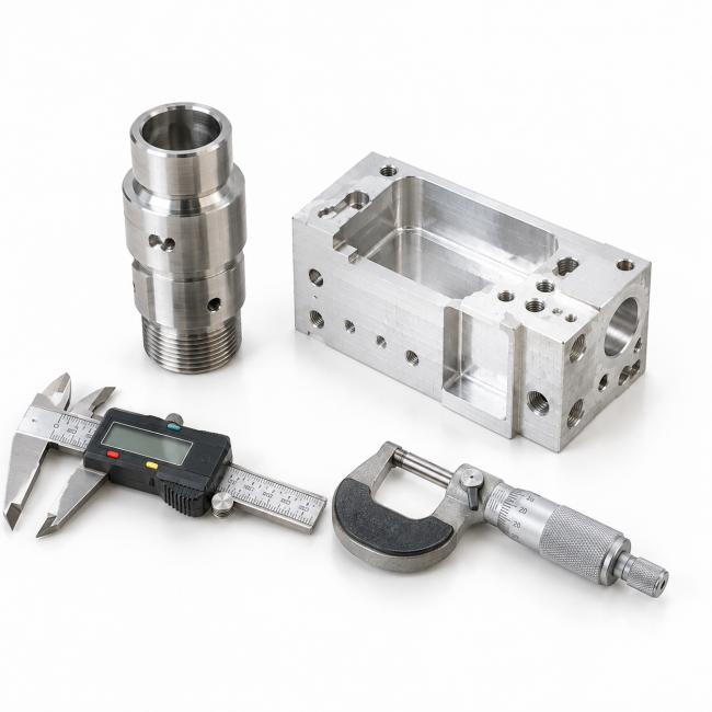 Custom CNC machined metal components with turning and milling features under inspection